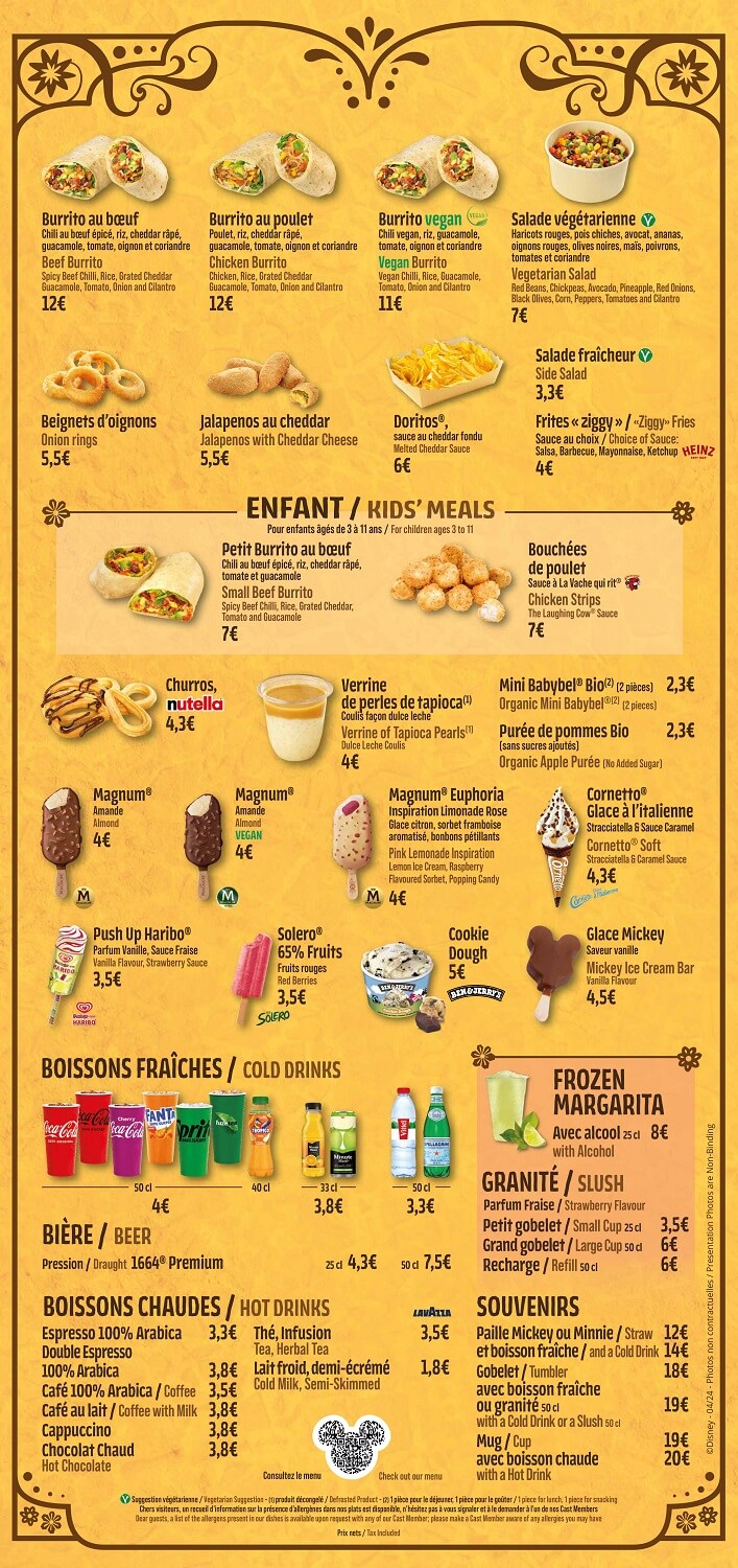 Speisekarte des Restaurants Casa de Coco im Frontierland